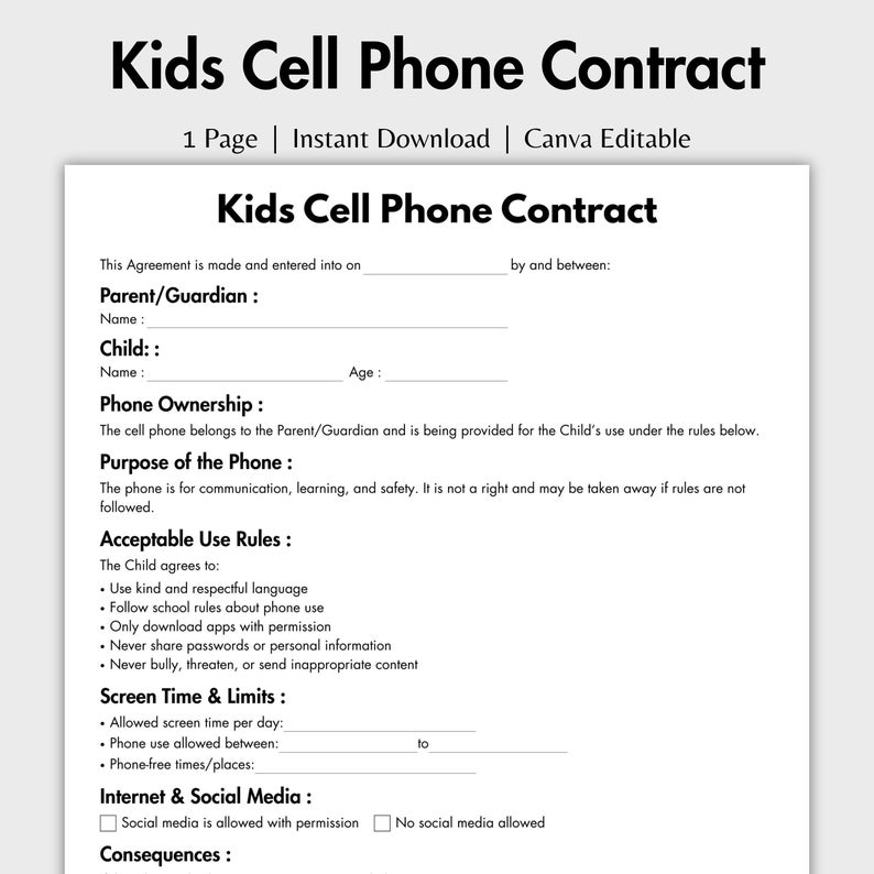 One Page Kids Cell Phone Contract, Editable Agreement With Rules Form ...