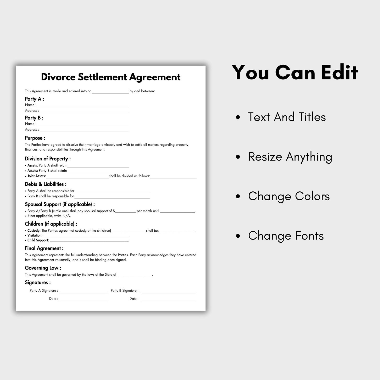One Page Divorce Settlement Agreement, Editable Marriage Dissolution ...