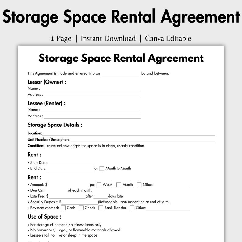 One Page Storage Space Rental Agreement, Editable Contractor Storage ...