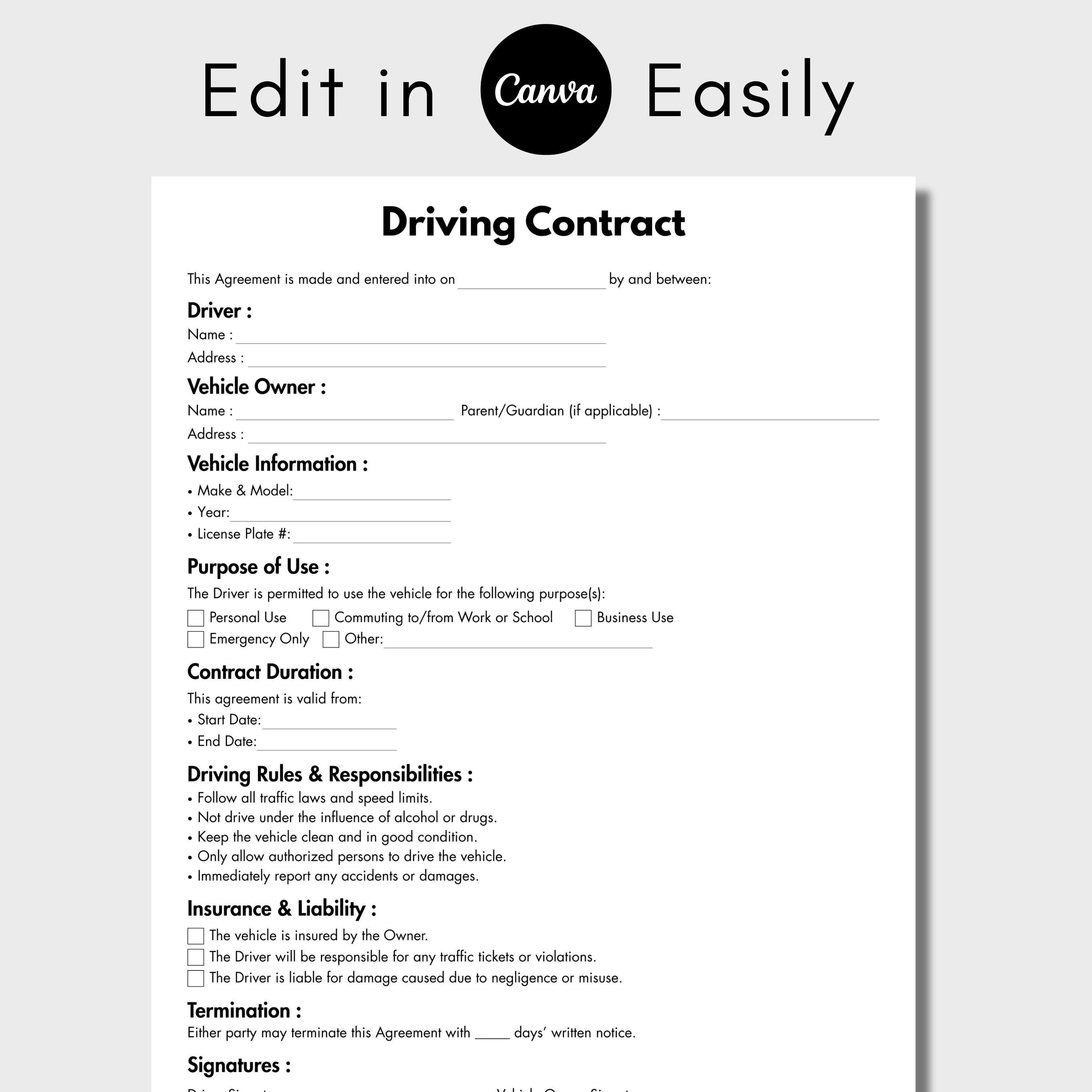 One Page Driving Contract, Editable Car Usage Agreement Template Canva ...