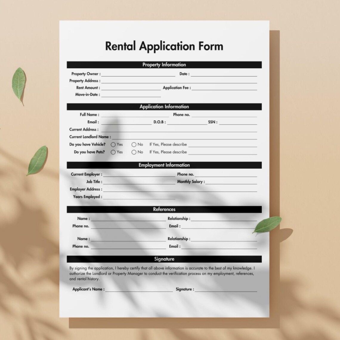 Editable Rental Application Form, Printable Landlord Rental Application ...