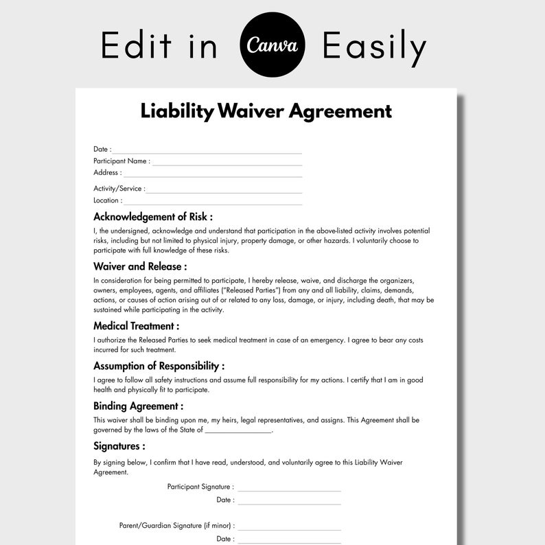 One Page Liability Waiver Agreement, Editable Release of Liability Form ...