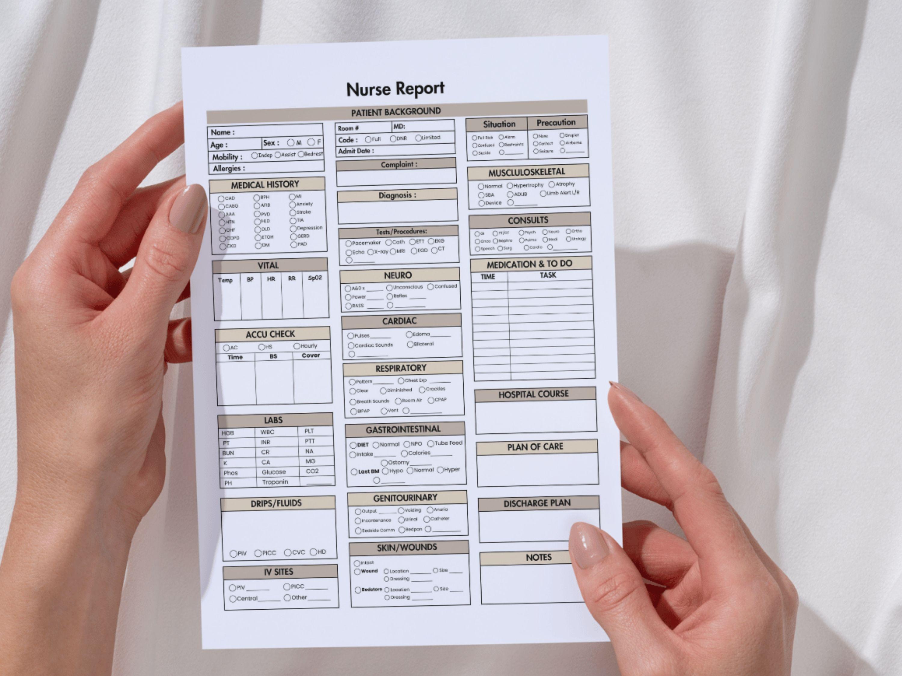 Nursing Report Sheet, Printable Nurse Brain Sheet, Nurse Report Sheet ...