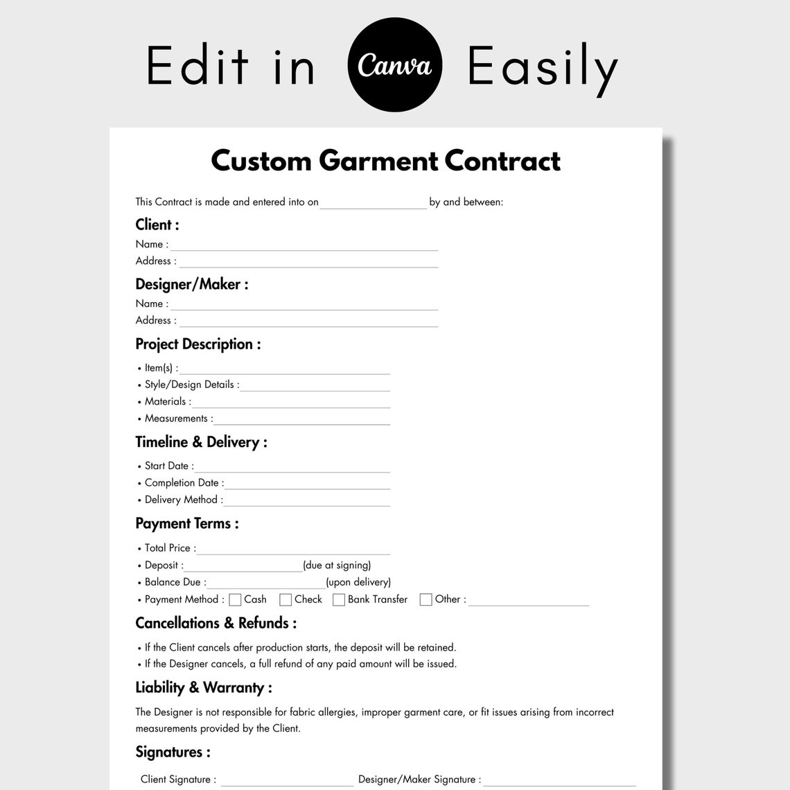 One Page Custom Garment Contract, Editable Tailor Clothing Agreement ...