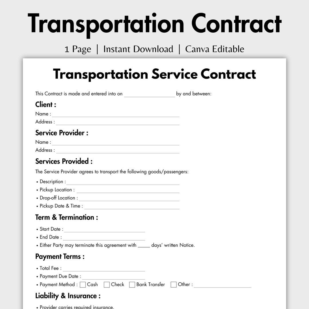 One Page Transportation Service Contract, Editable Transporter Contract ...