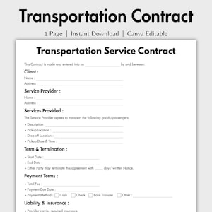 One Page Transportation Service Contract, Editable Transporter Contract ...