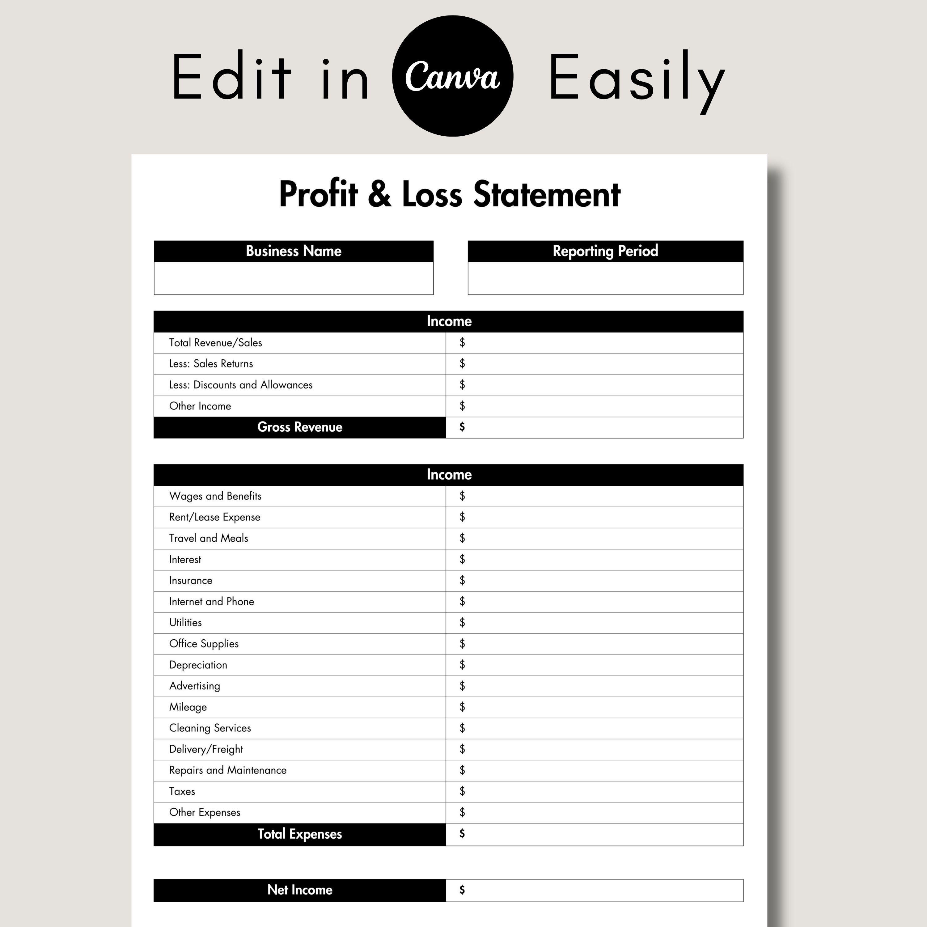 Editable Profit and Loss Statement, Small Business Income Statement ...