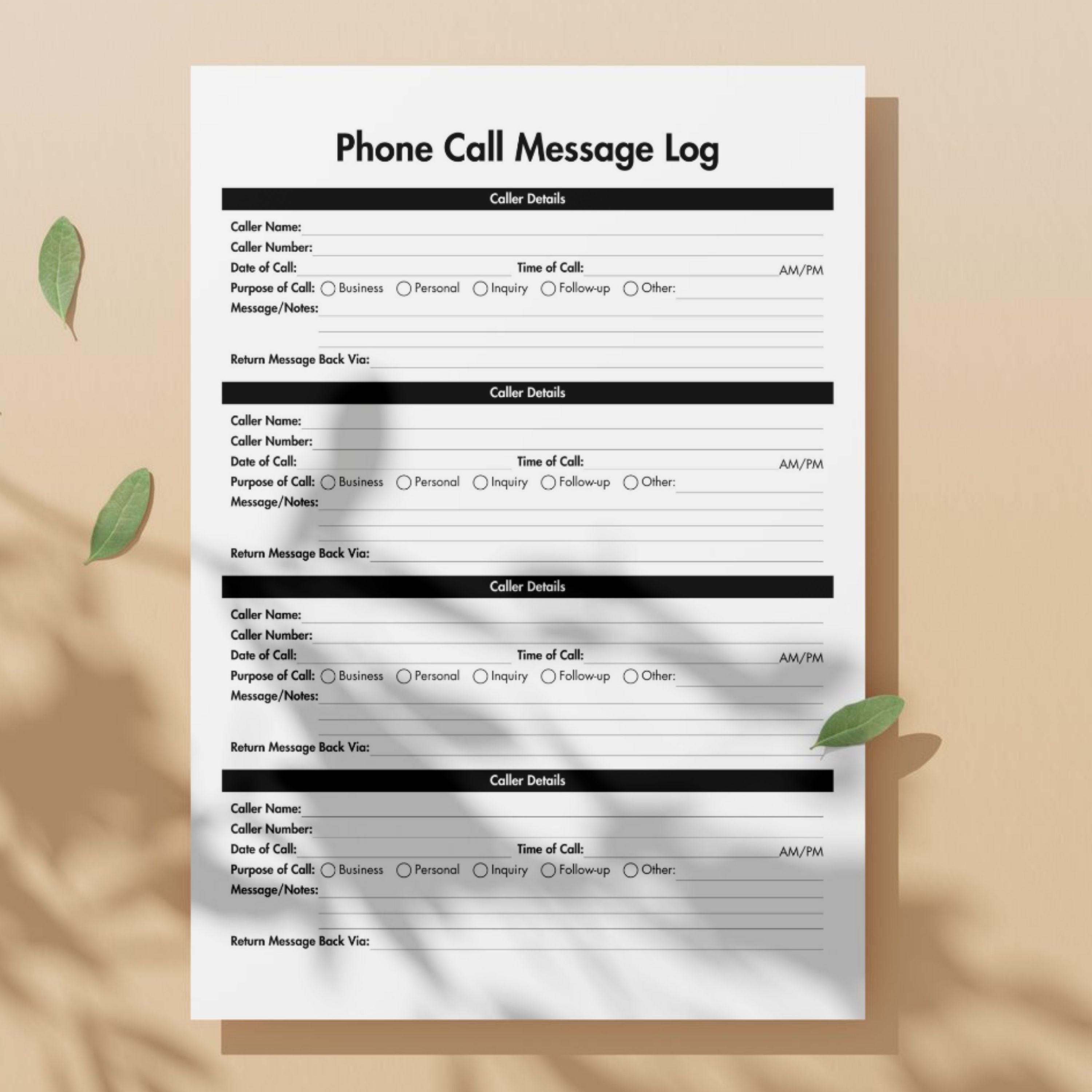 Phone Call Message Log Template Black, Communication Log Form ...