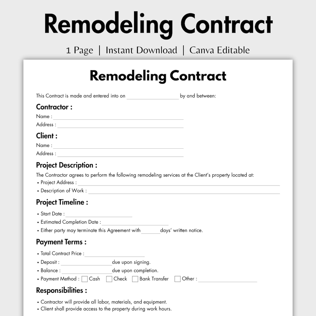 One Page Remodeling Contract, Editable Home Renovation Contract Form ...