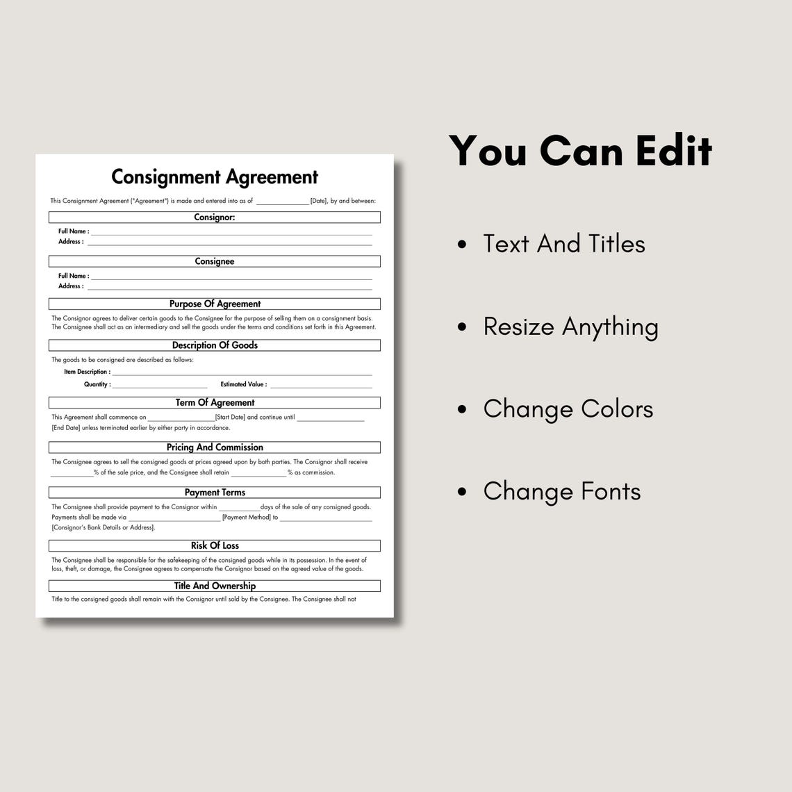 Editable Consignment Agreement Template, Consignment Contract, Shop ...