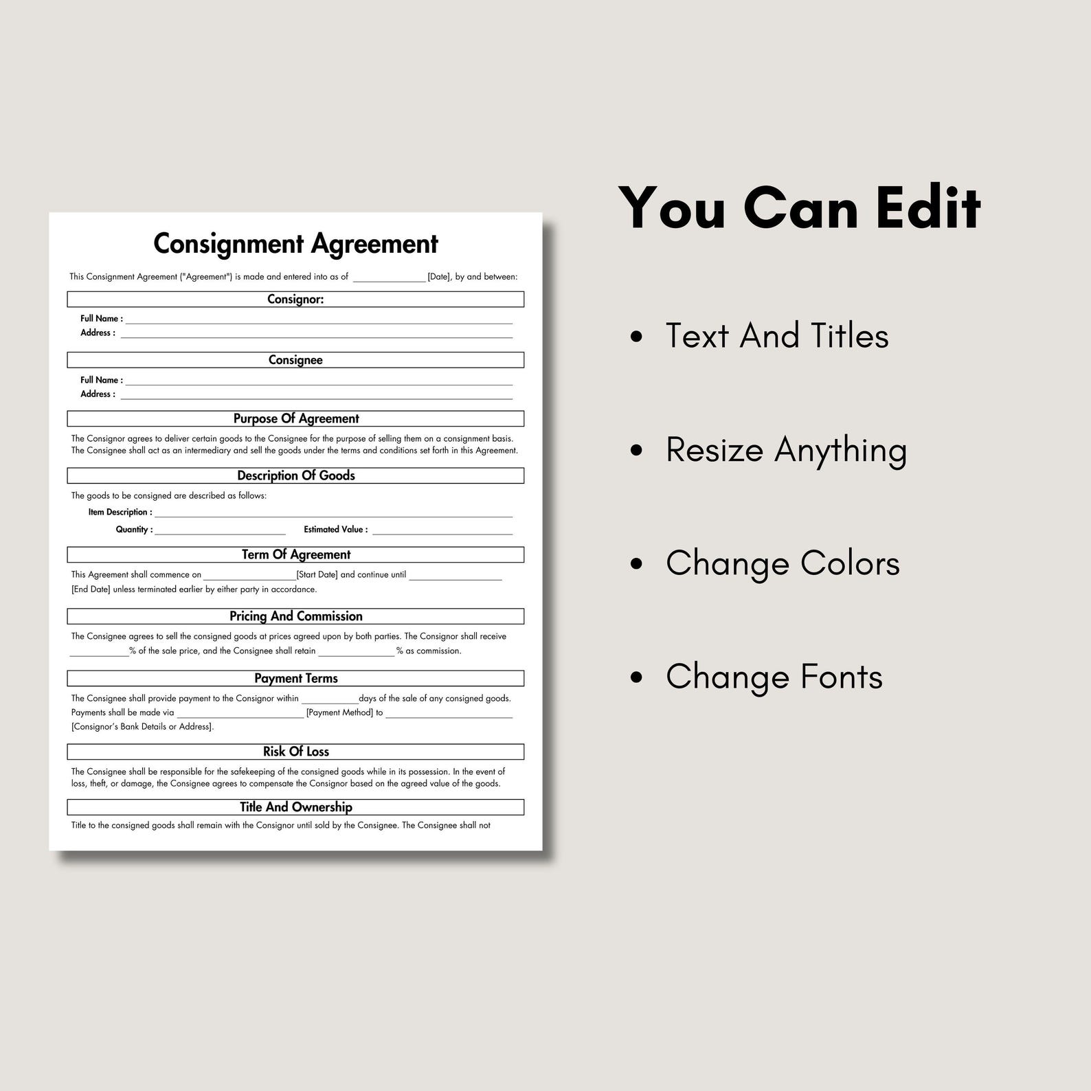 Editable Consignment Agreement Template, Consignment Contract, Shop ...