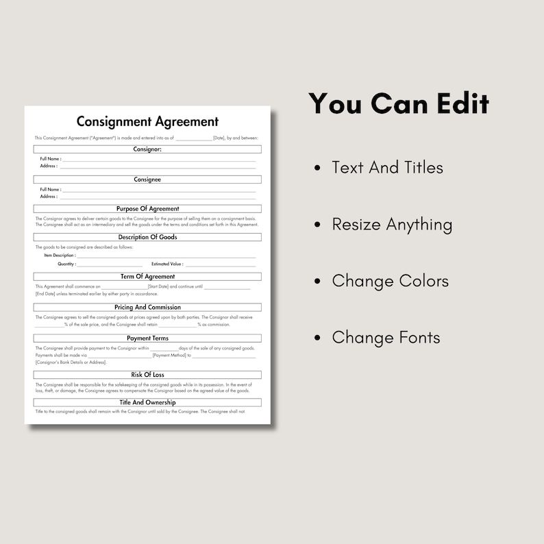 Editable Consignment Agreement Template, Consignment Contract, Shop ...