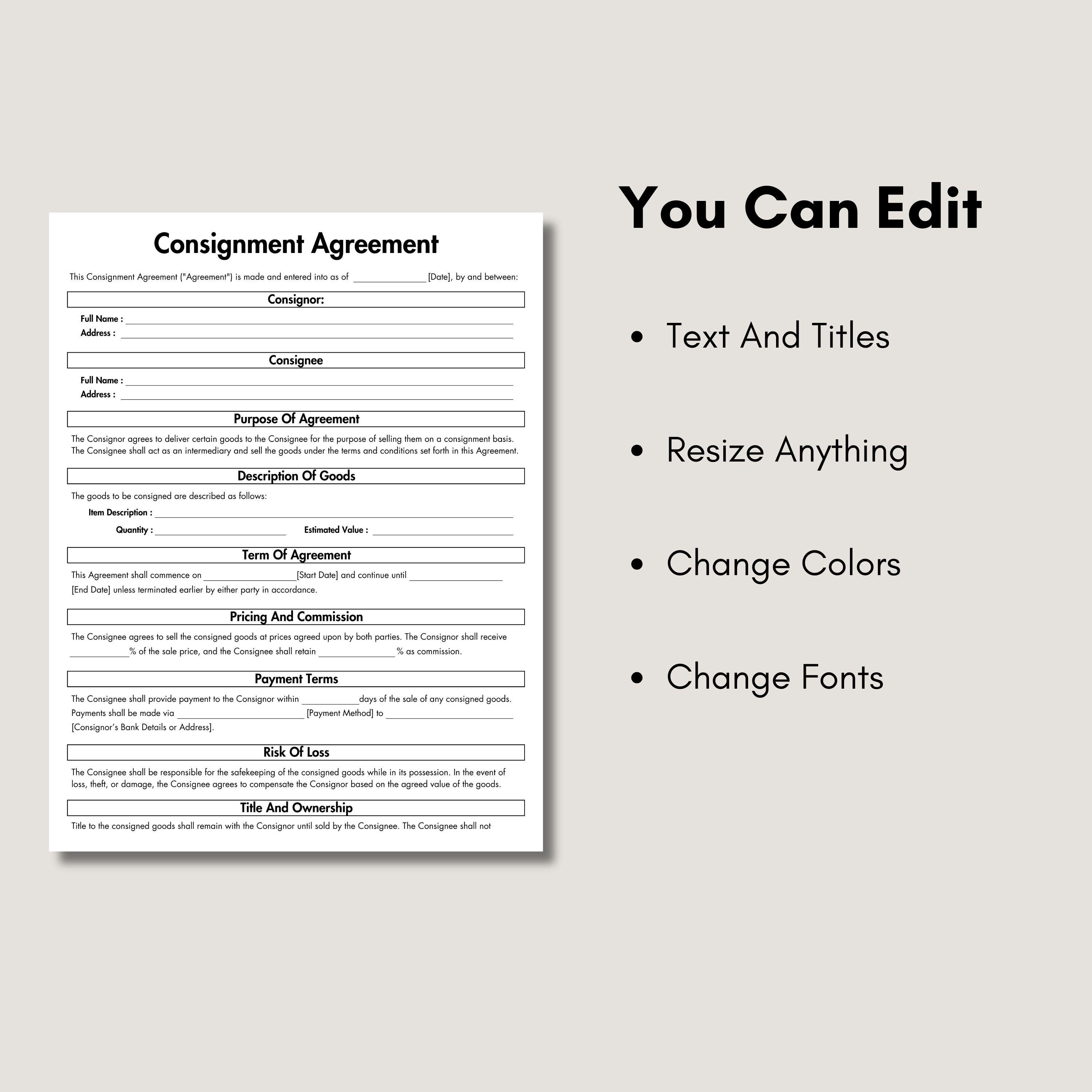 Editable Consignment Agreement Template, Consignment Contract, Shop ...
