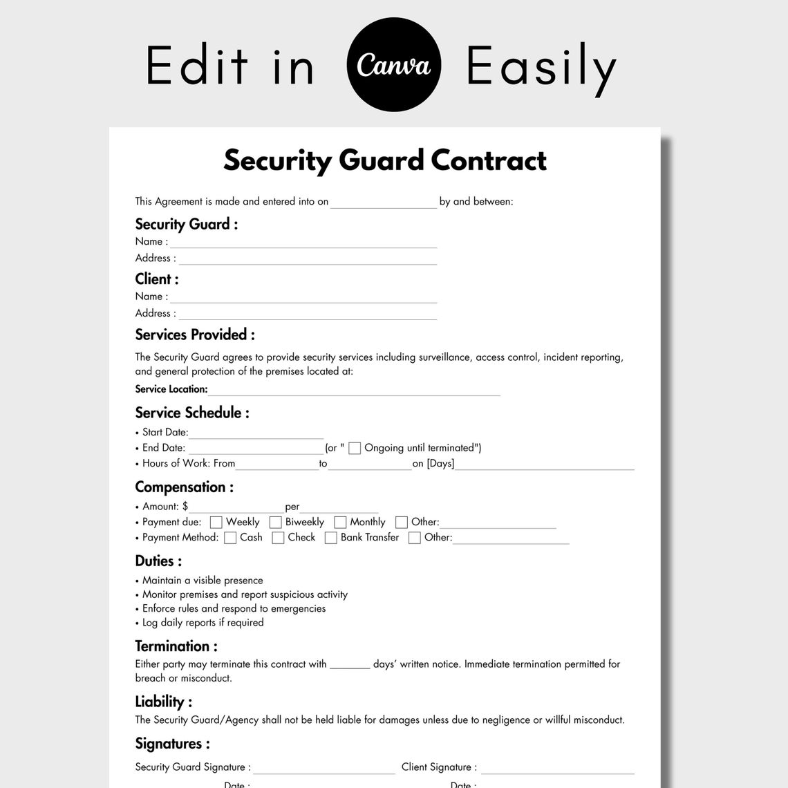 One Page Security Guard Contract, Editable Security Service Provider ...