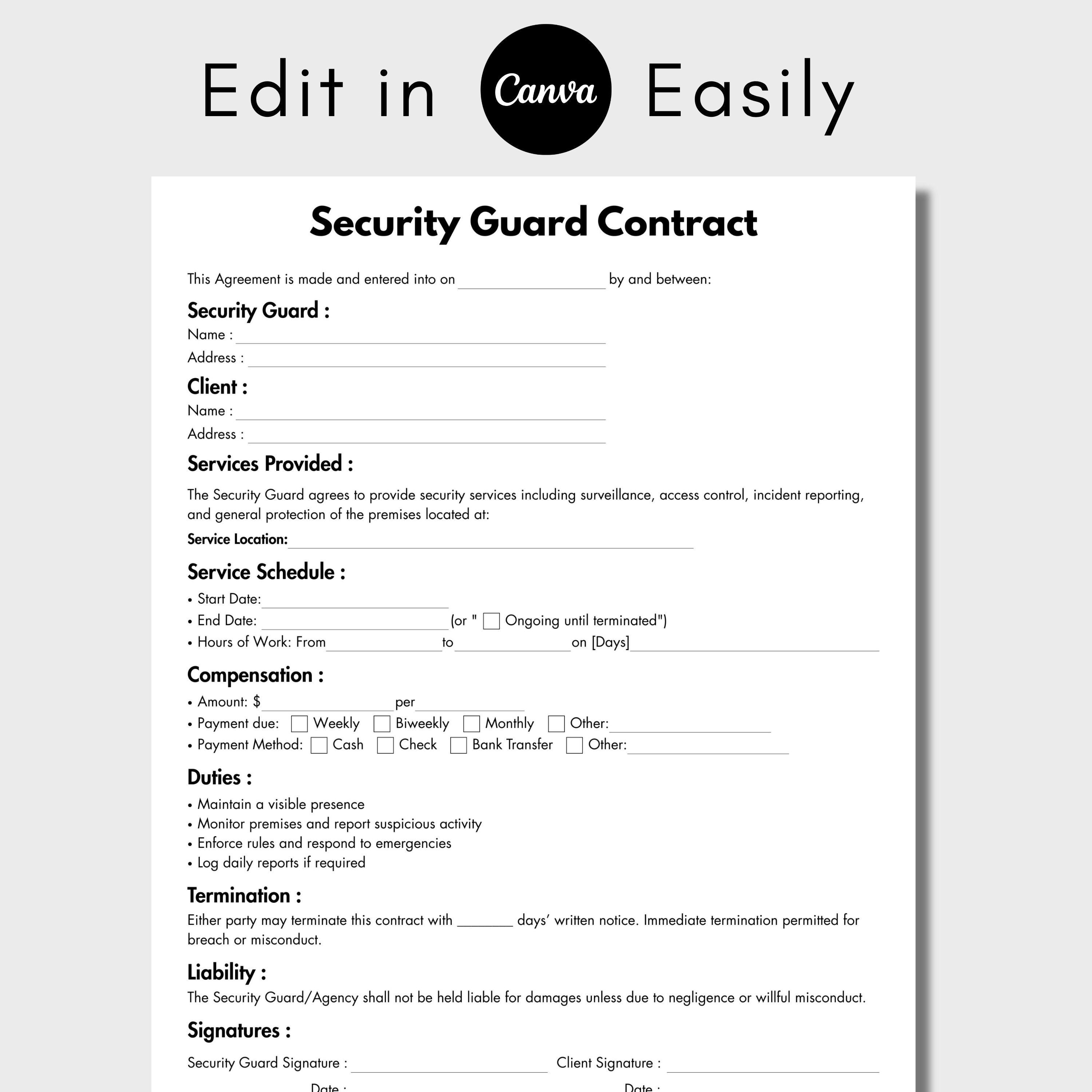 One Page Security Guard Contract, Editable Security Service Provider ...