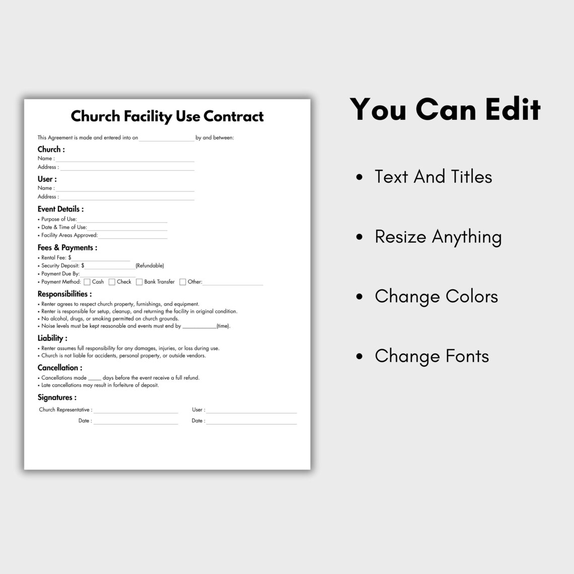 One Page Church Facility Use Contract, Editable Church Rental Agreement ...
