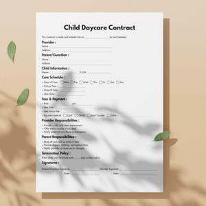 One Page Child Daycare Contract, Editable Daycare Paperwork Form ...