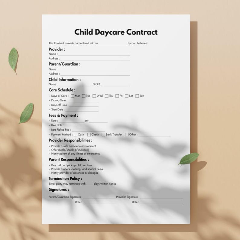 One Page Child Daycare Contract, Editable Daycare Paperwork Form ...