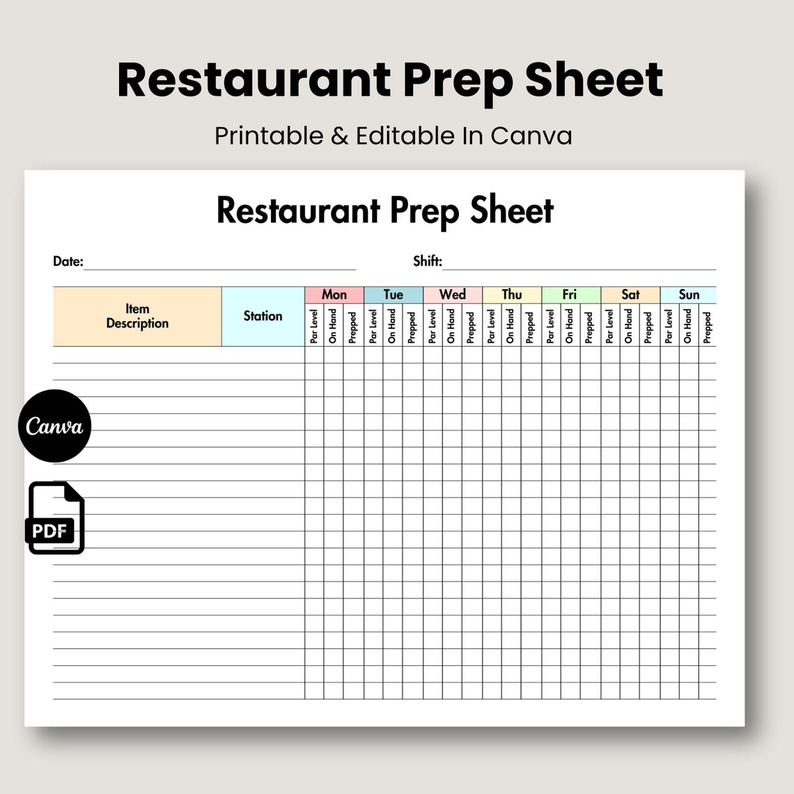Restaurant Prep Sheet Template Colorful, Printable & Editable ...