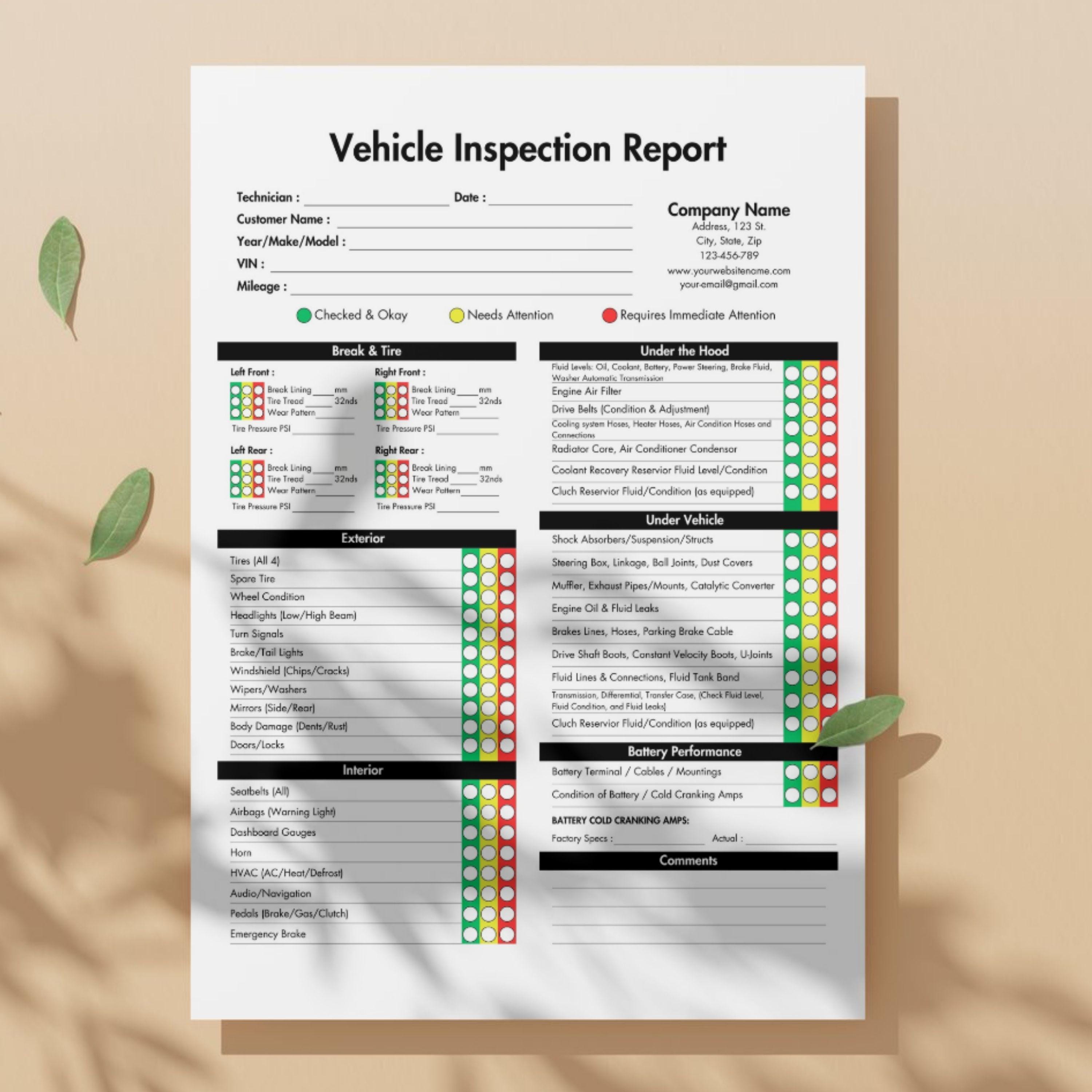 Editable Vehicle Inspection Report, Printable Car or Equipment Rental ...