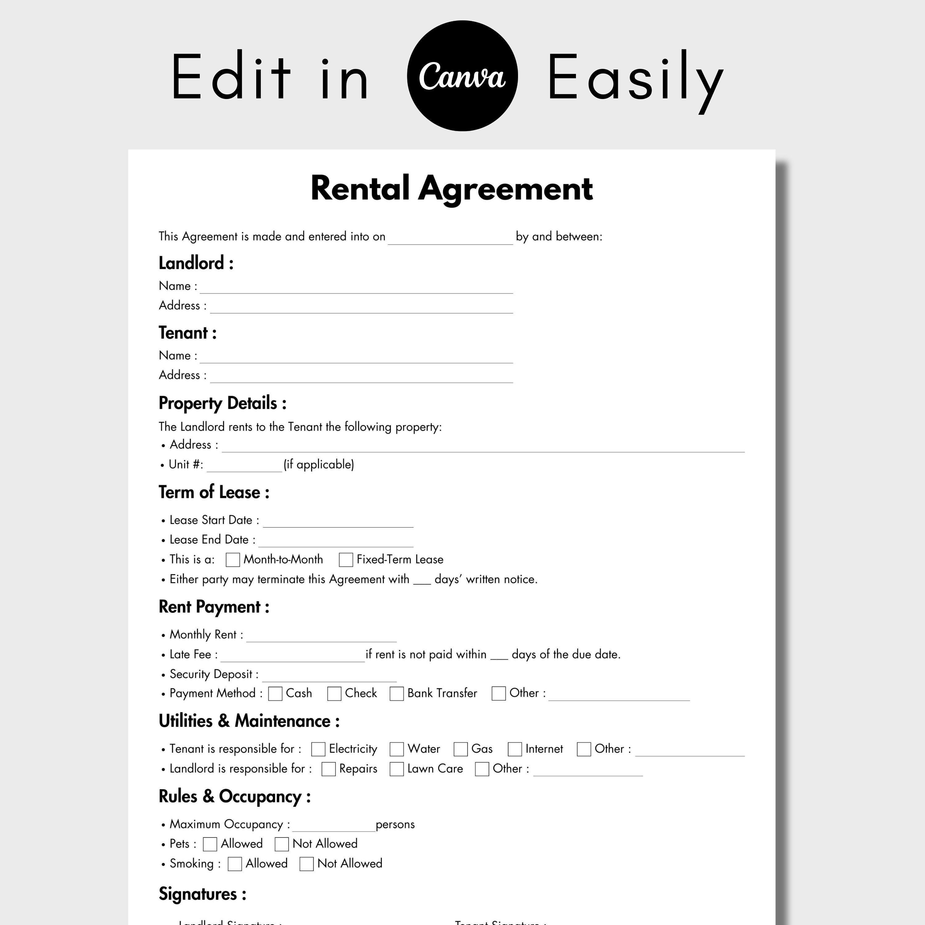 One Page Basic Rental Agreement, Editable Landlord Forms Template Canva ...