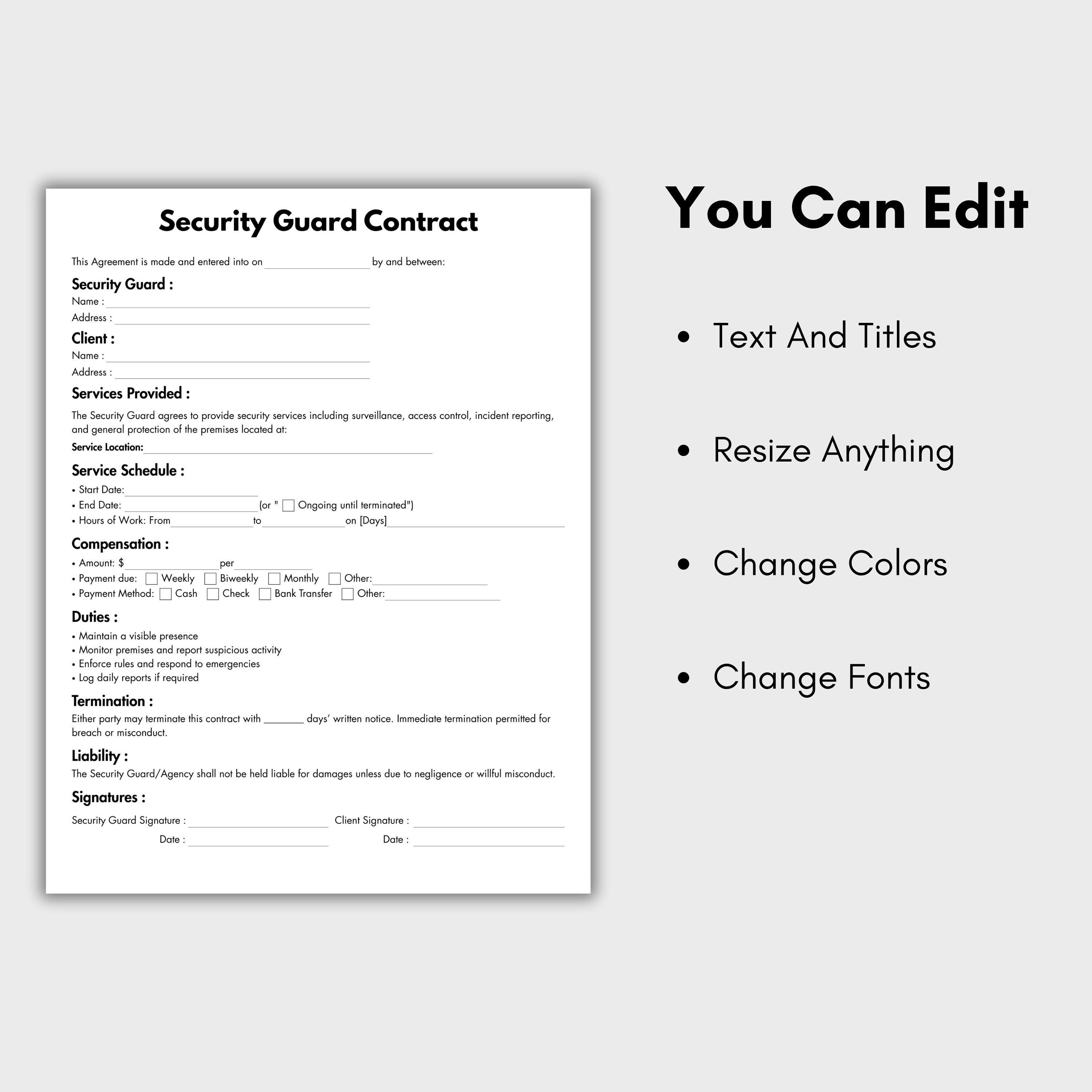 One Page Security Guard Contract, Editable Security Service Provider ...