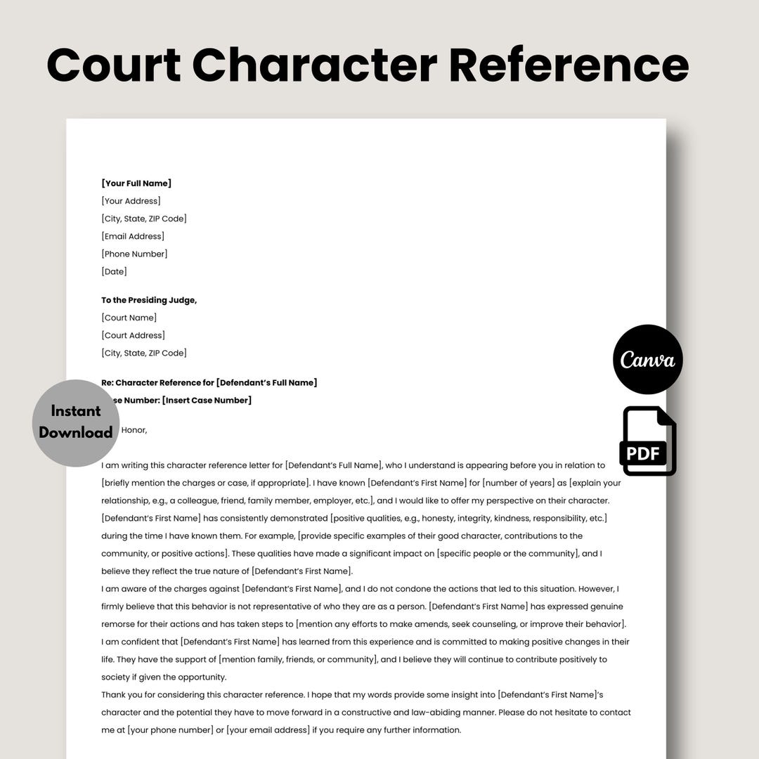 Editable Court Character Reference Letter, Printable Court Letter ...