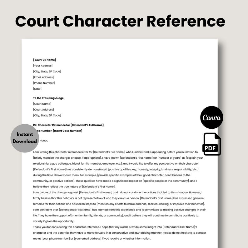Editable Court Character Reference Letter, Printable Court Letter ...