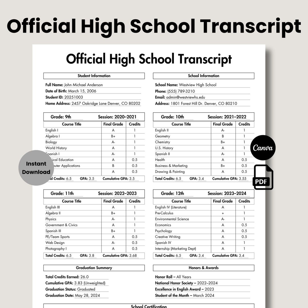 Editable High School Transcript Template, Home School Transcript Form ...