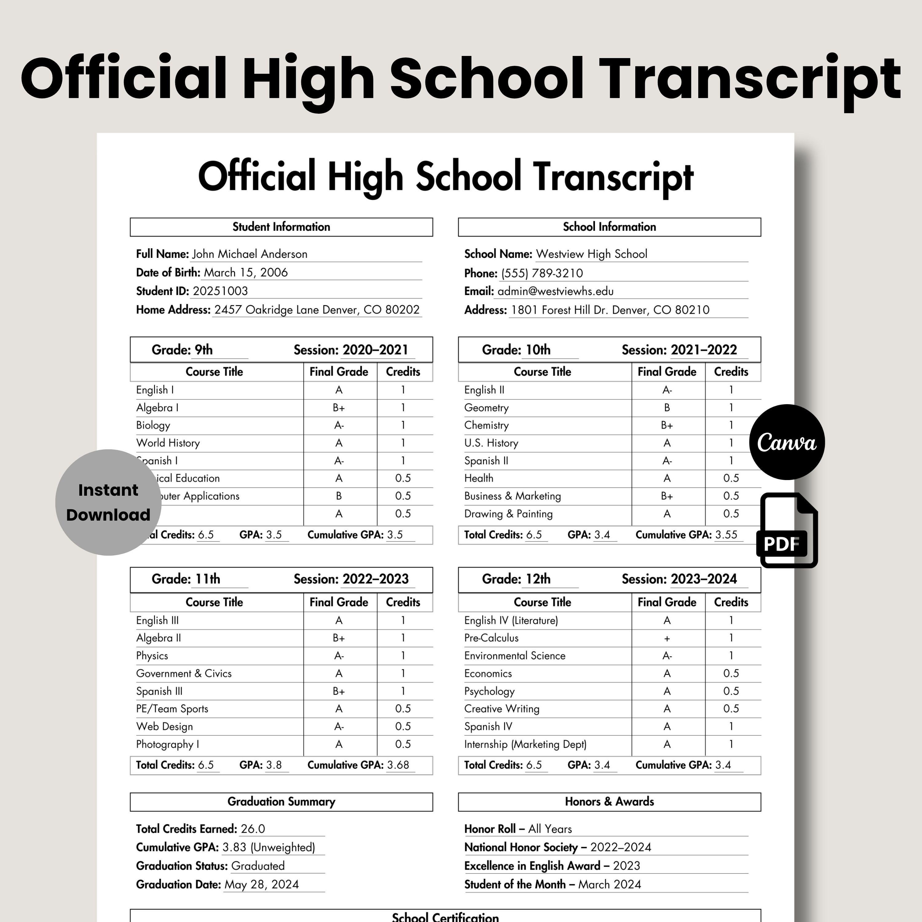 Editable High School Transcript Template, Home School Transcript Form, Printable Grade Tracker ...