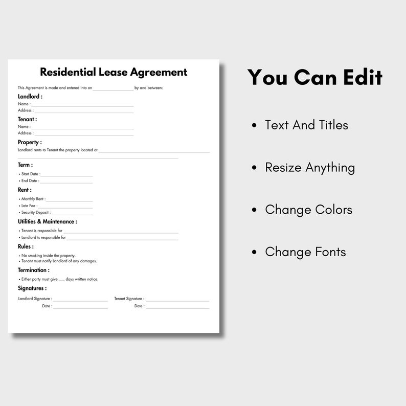 One Page Residential Lease Agreement, Editable Residential Housing ...