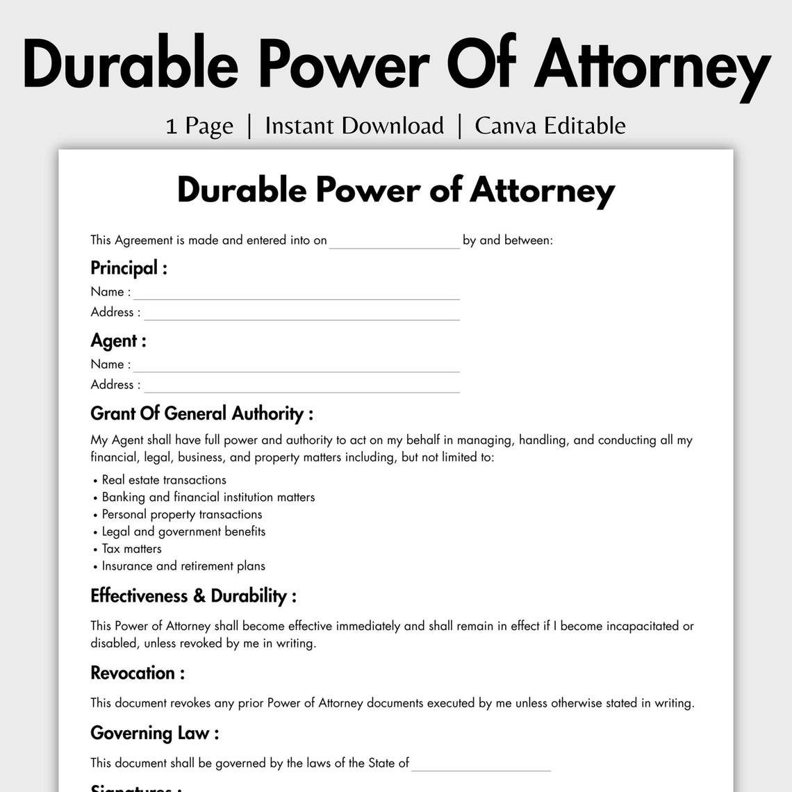 One Page Durable Power of Attorney Template, Editable Durable Financial ...