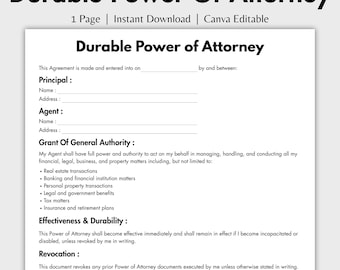 Editable Durable Power of Attorney Template, Single Page Durable ...