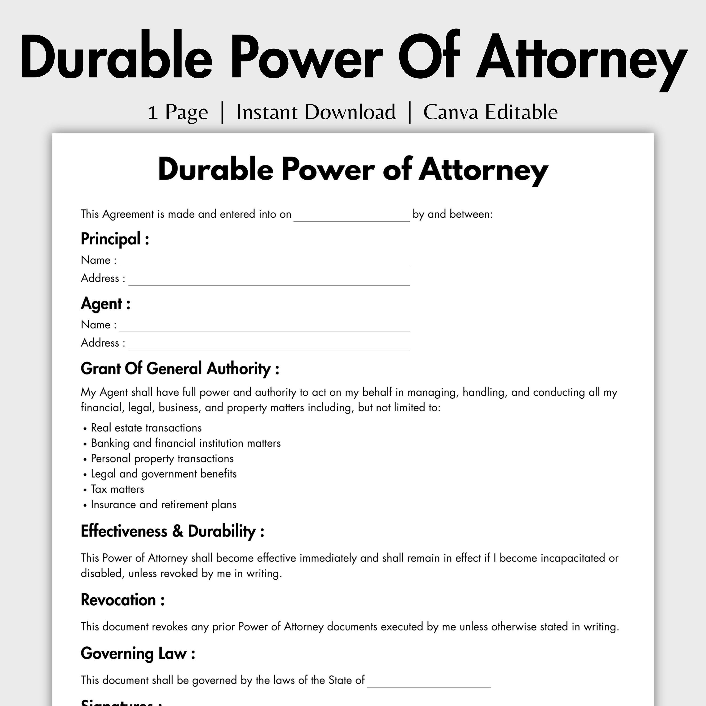 One Page Durable Power of Attorney Template, Editable Durable Financial ...