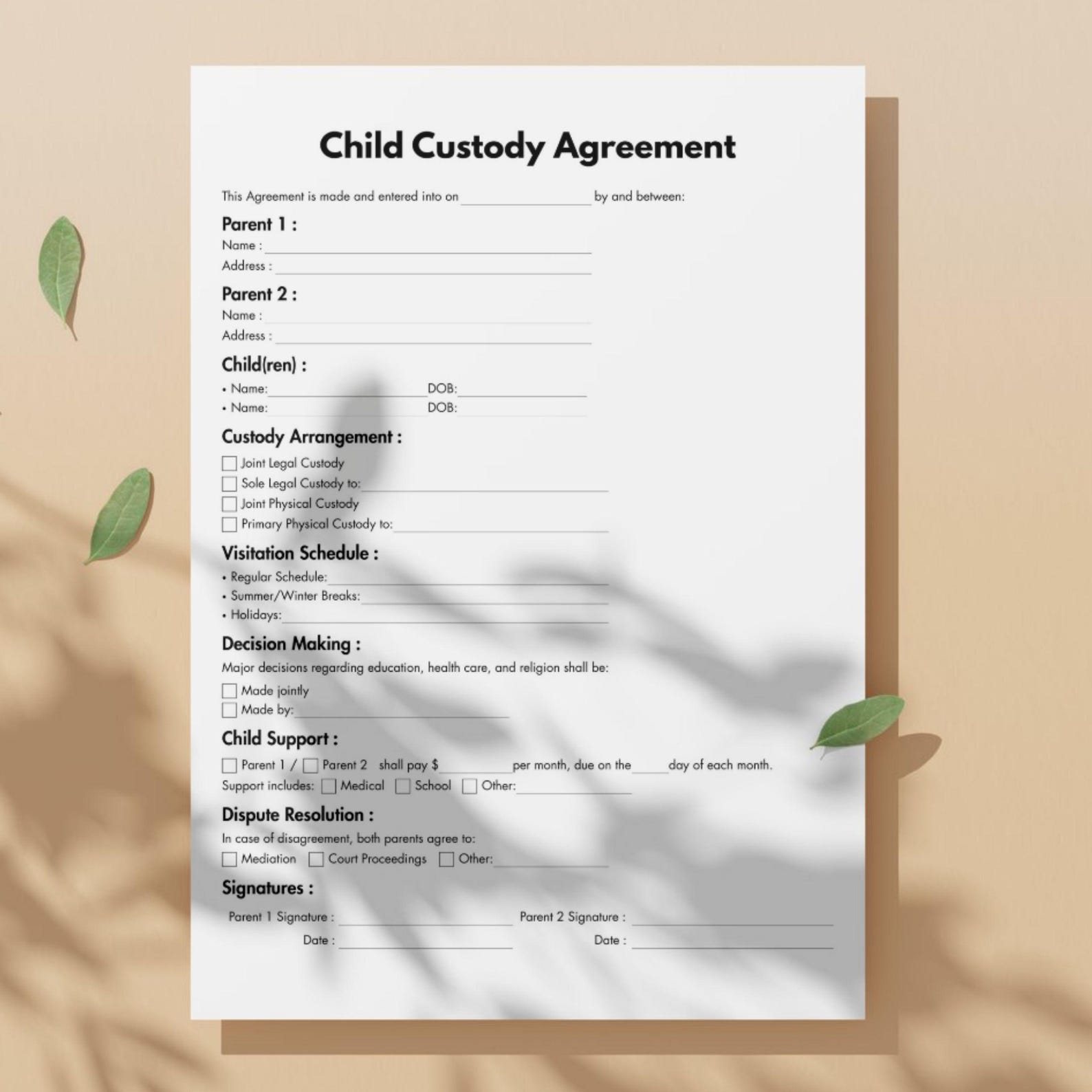 One Page Child Custody Agreement, Editable 50/50 Joint Custody ...