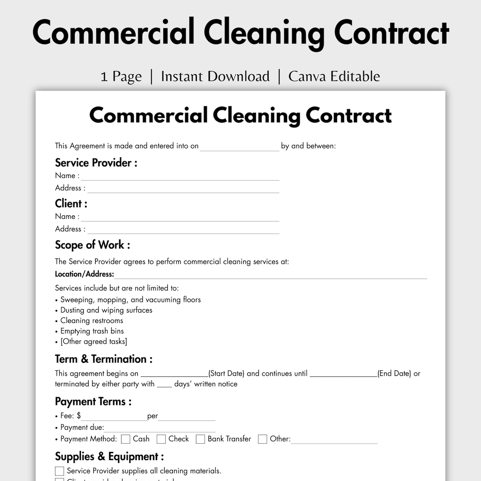 One Page Commercial Cleaning Contract, Editable Cleaning Agreement Form ...