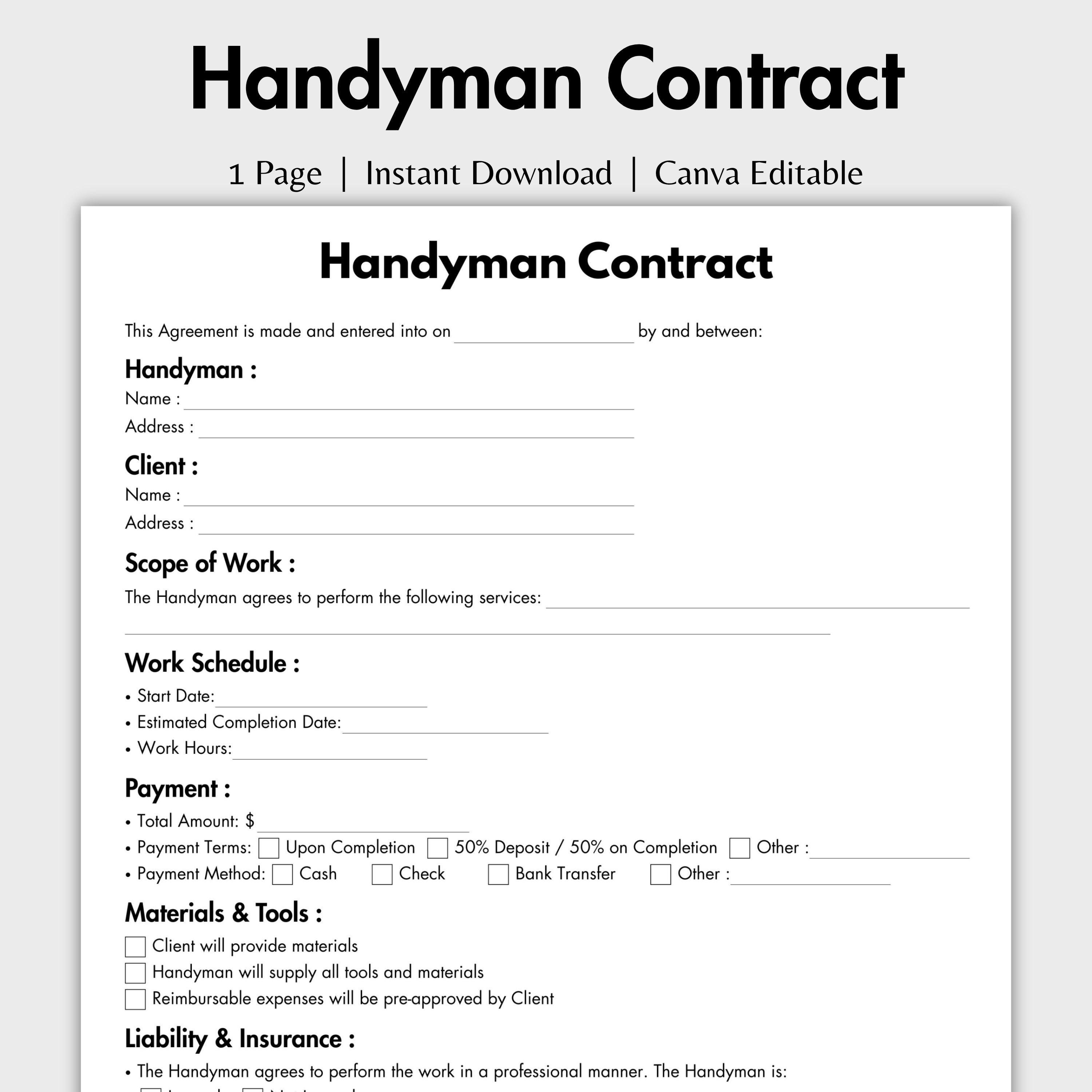 One Page Handyman Contract, Editable General Construction Contract ...