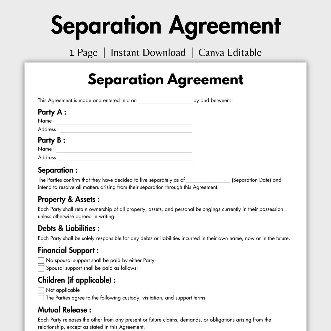 One Page Separation Agreement, Editable Marital Settlements Template ...