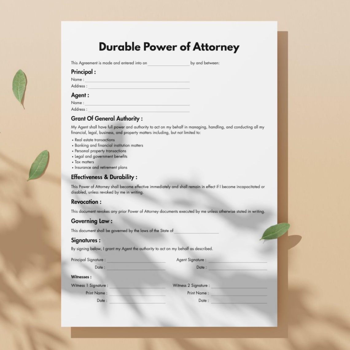 One Page Durable Power of Attorney Template, Editable Durable Financial ...