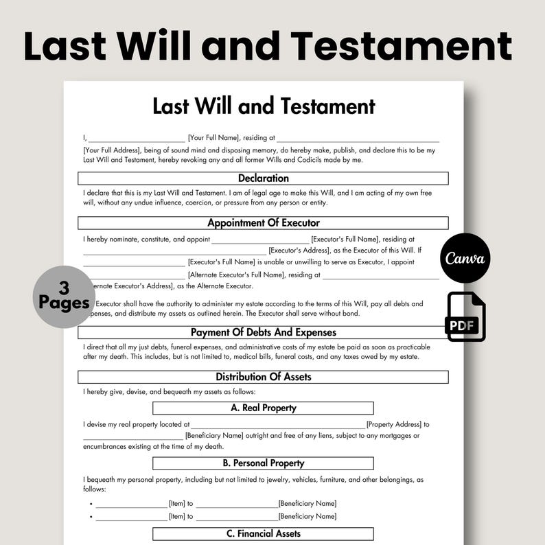 Last Will and Testament Template | Editable & Printable | Legal ...