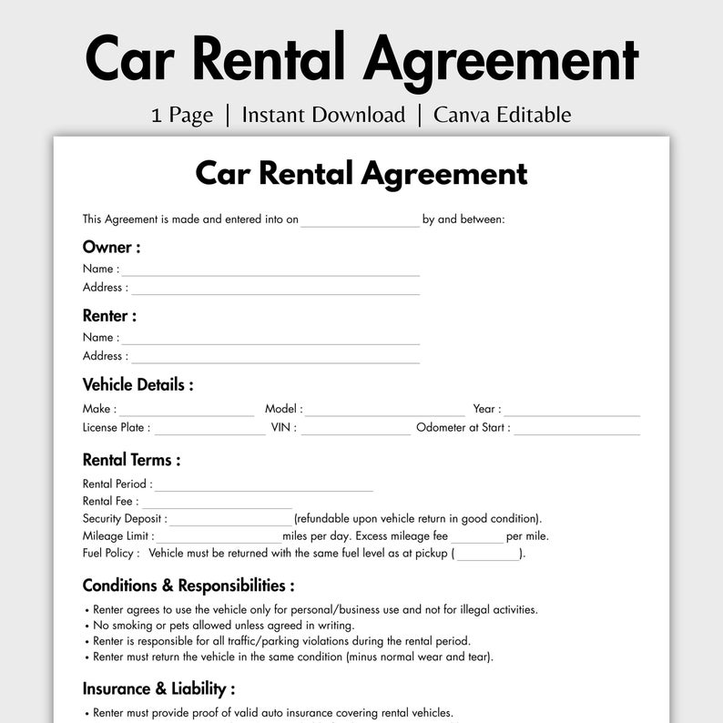 One Page Car Rental Agreement Template, Editable Car Rental Contract ...