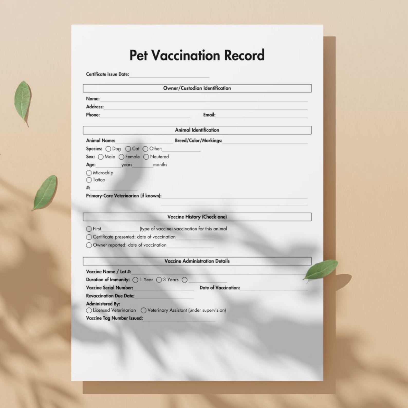 Editable Pet Vaccination Record Template, Dog Vaccination Record ...