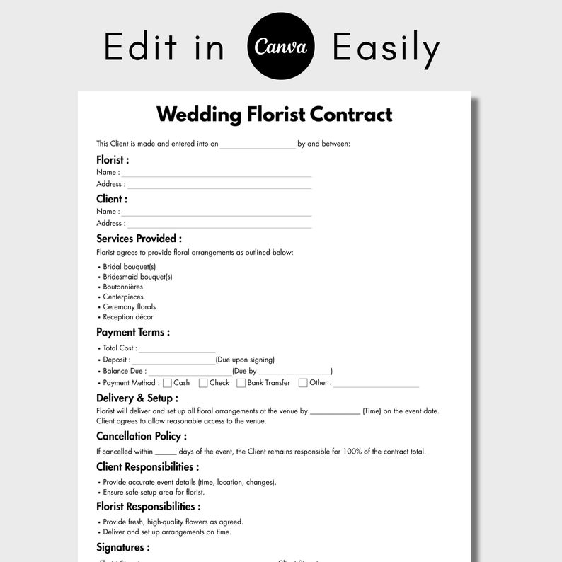One Page Wedding Florist Contract, Editable Event Floral Designer Form ...