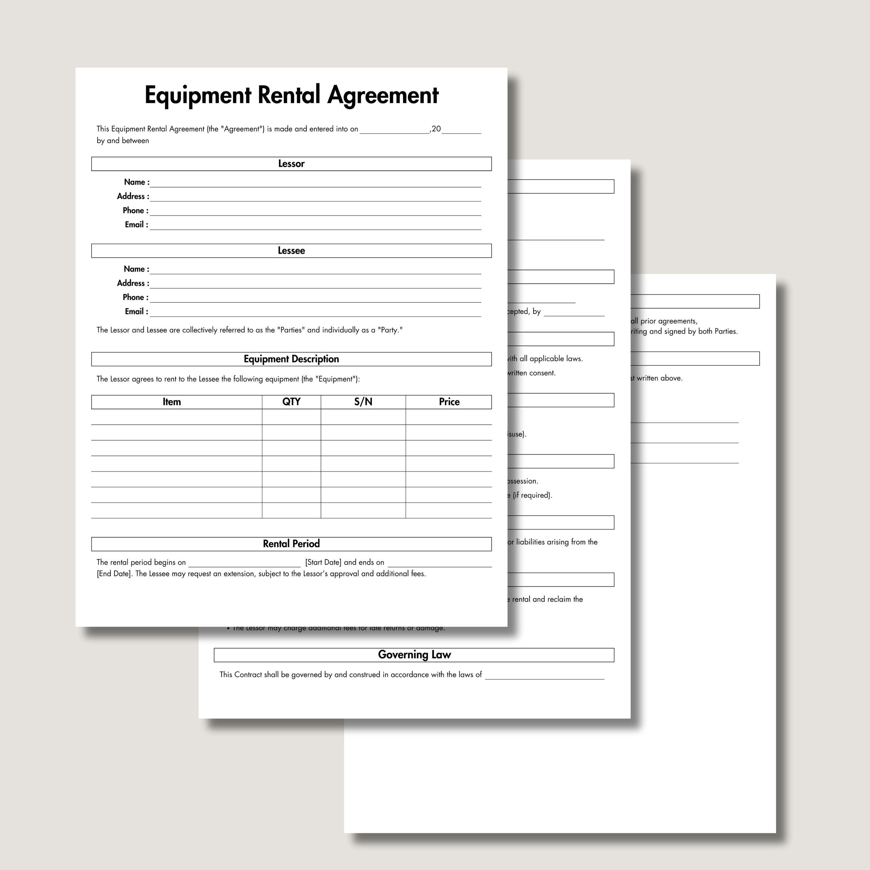 Equipment Rental Agreement, Printable & Editable Equipment Rental ...