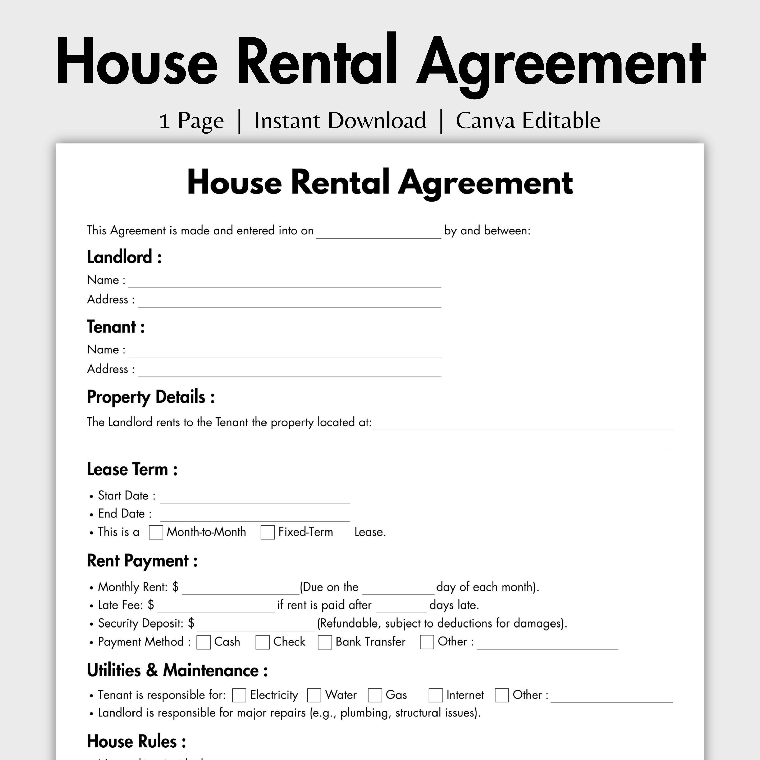One Page House Rental Agreement, Editable Lease Agreement Template ...