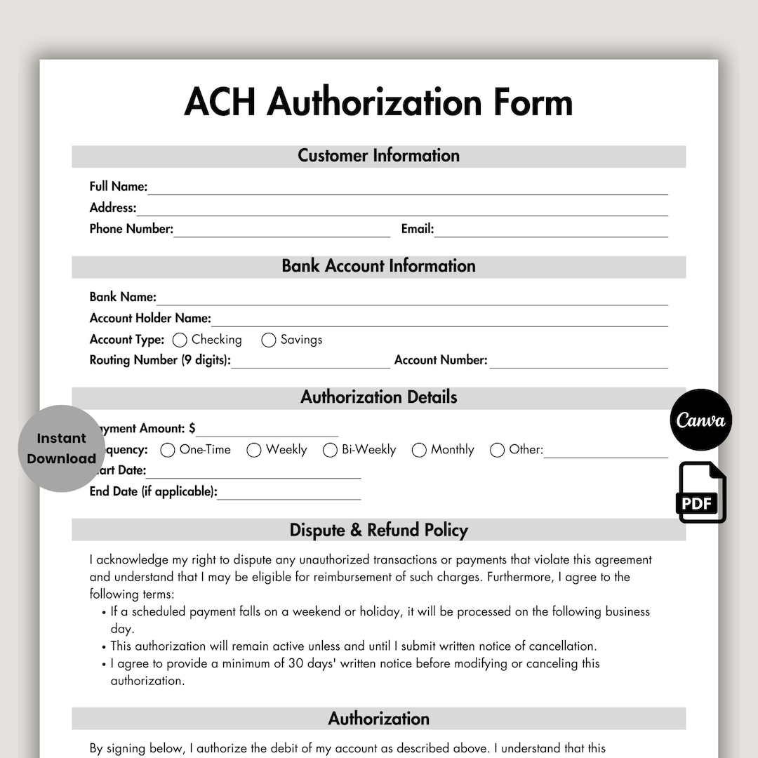 ACH Authorization Form Template, Editable Debit Authorization Form, ACH ...