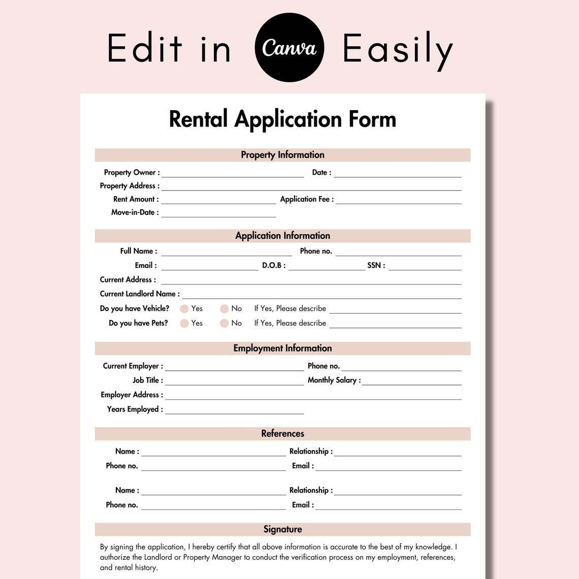 Rental Application Form, Landlord Rental Application, Editable Tenant ...
