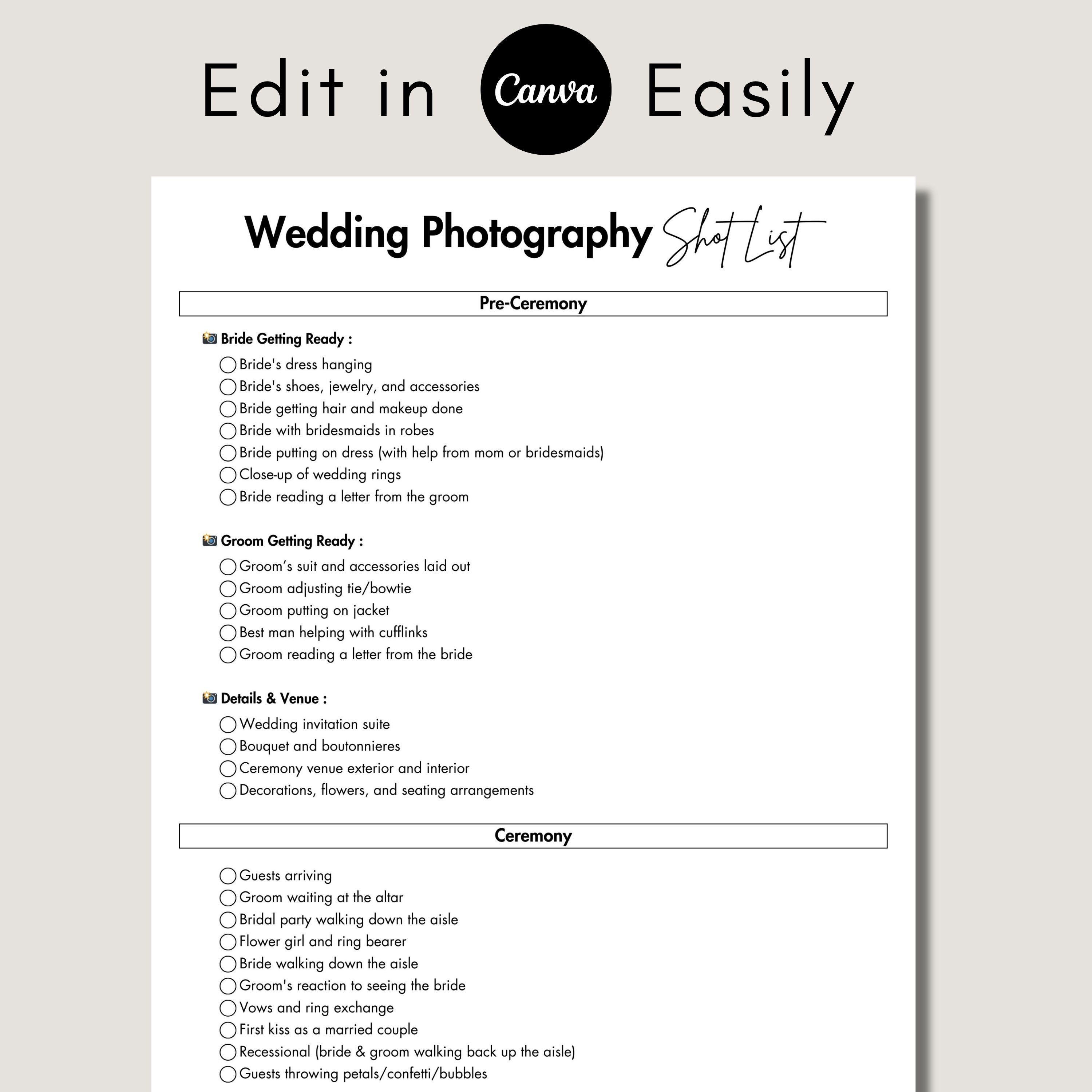 Wedding Photography Shot List, Printable & Editable Wedding Planner ...