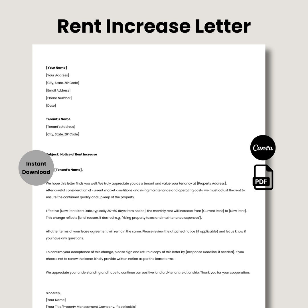 Editable Rent Increase Letter, Printable Rent Increase Notice, Tenant ...