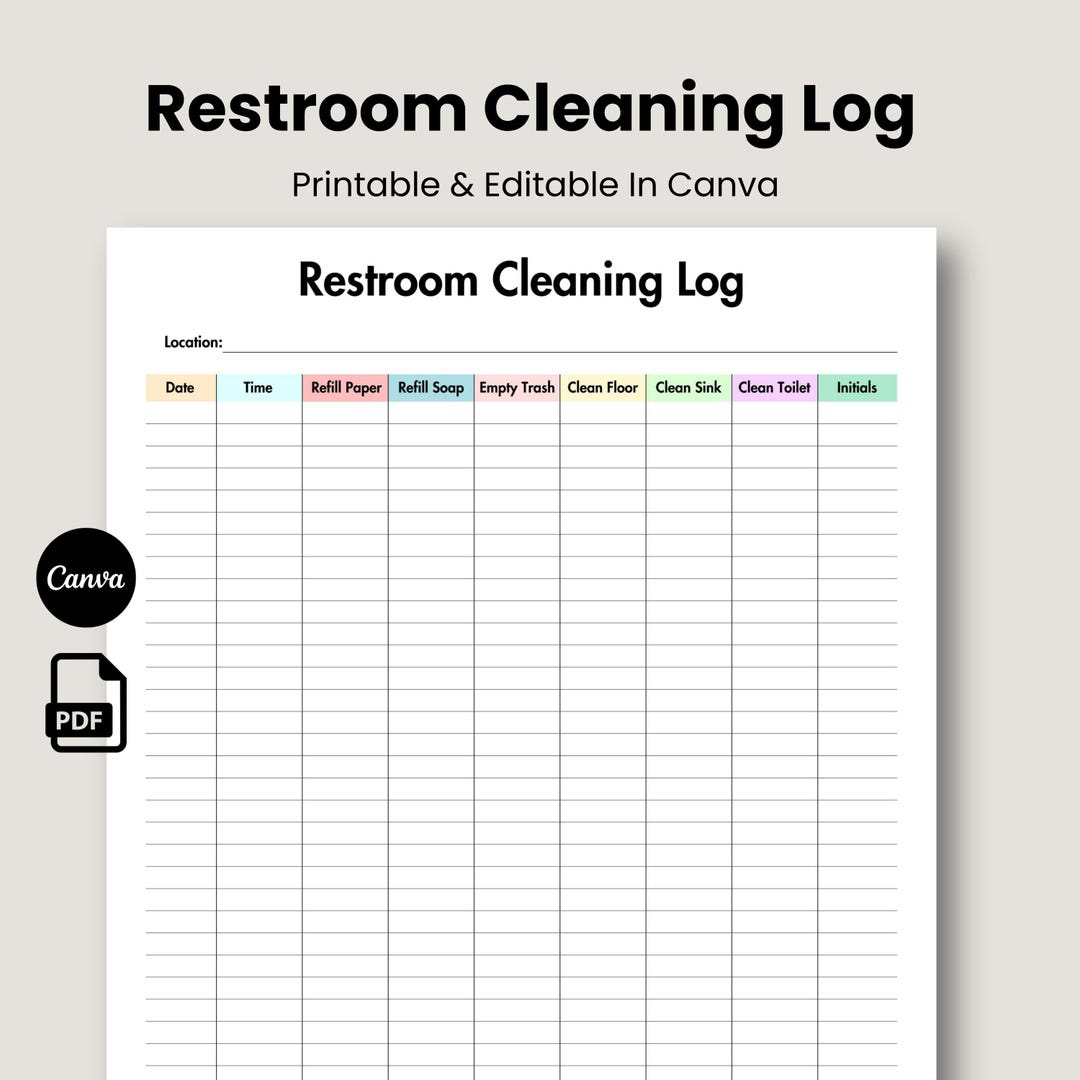 Restroom Cleaning Log Colorful, Commercial Cleaning Log Sheet, Editable ...